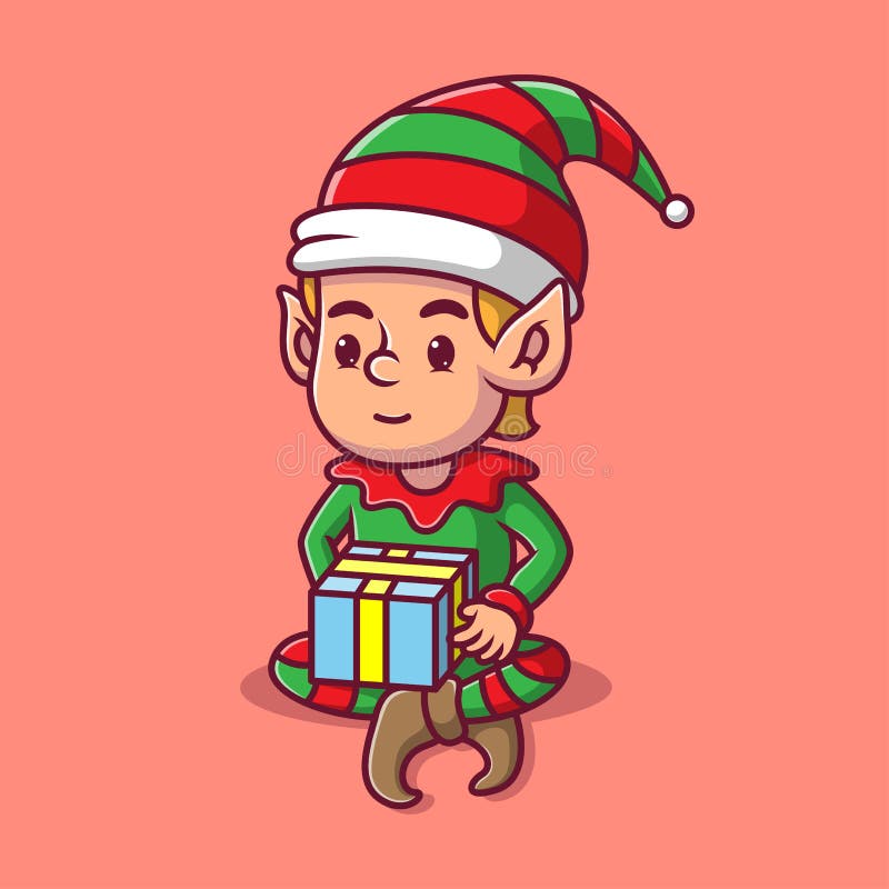 Cartoon Elf is Carrying a Gift Stock Illustration - Illustration of ...