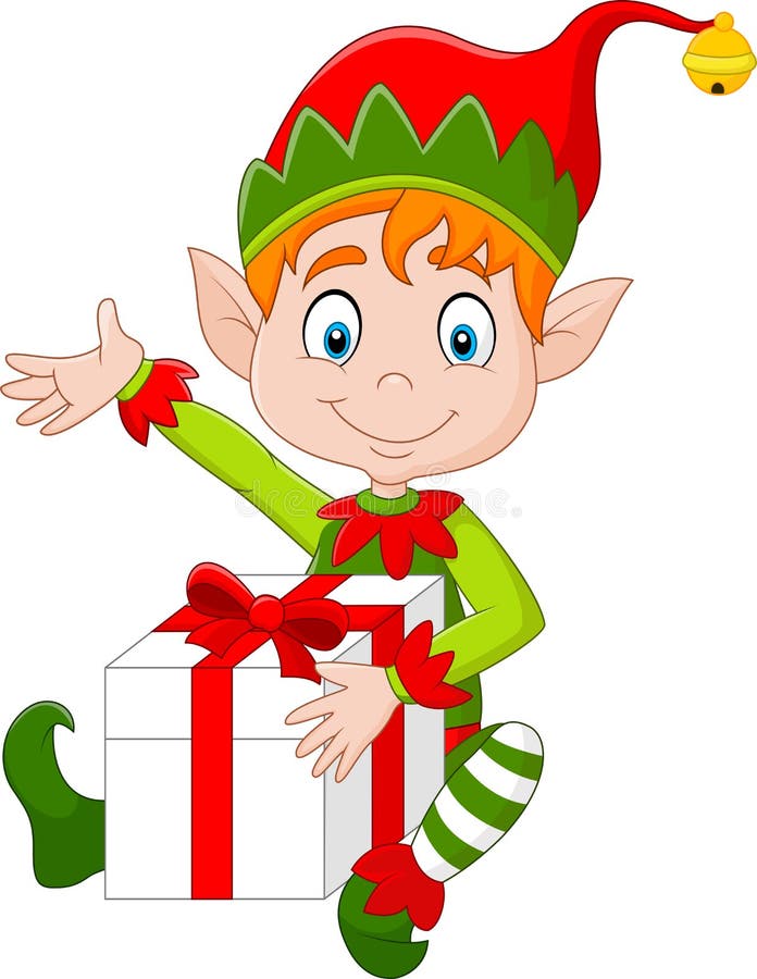 Cartoon Elf Holding Gift Box Stock Vector - Illustration of adorable ...