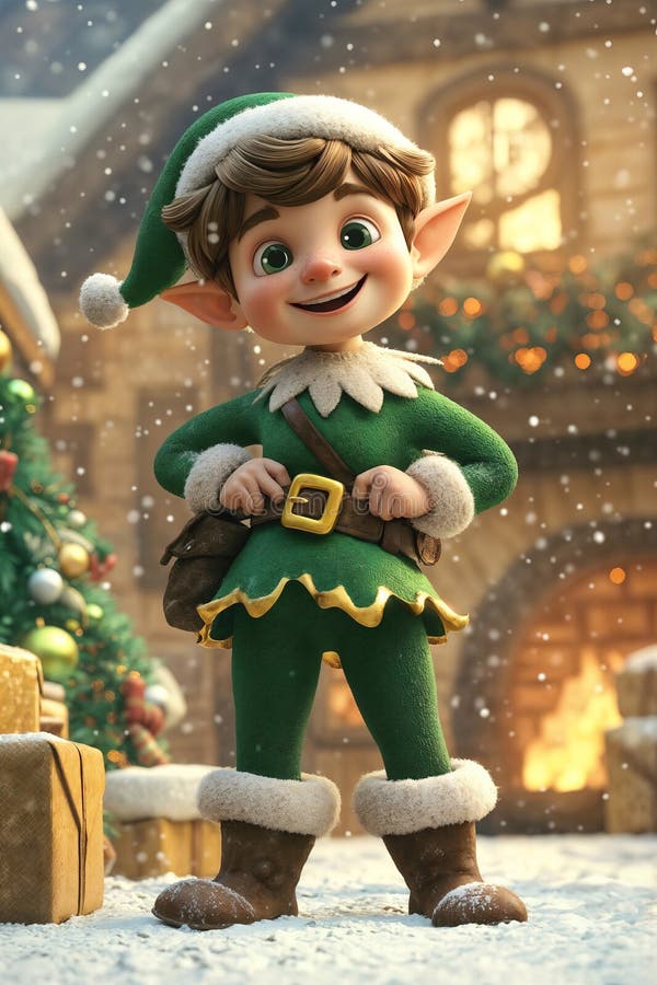 A Cartoon Elf is Standing in Front of a Christmas Tree, Wearing a Green ...