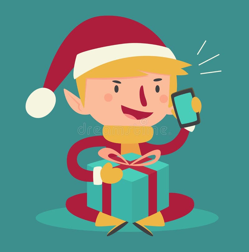 Cartoon Elf Talking on the Phone and Holding a Present Stock Vector ...