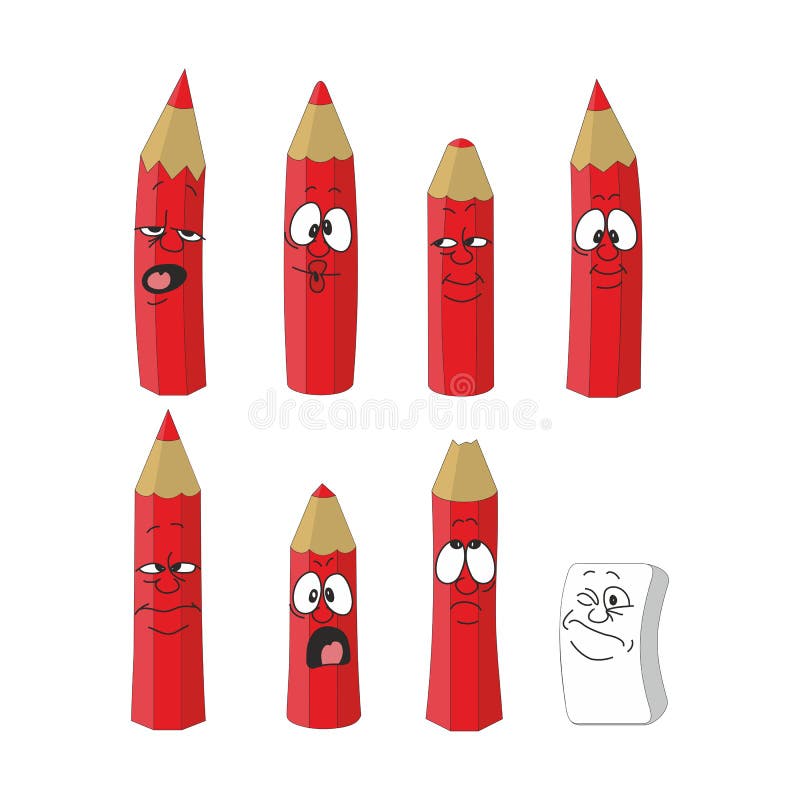 Cartoon Emotional Red Pencils Set Color 12 Stock Vector - Illustration ...