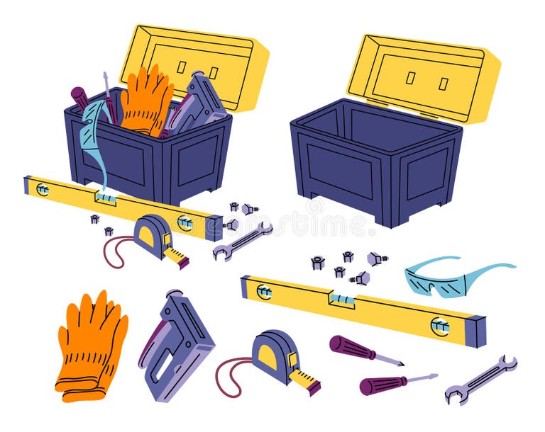 Cartoon Empty and Full Open Construction Toolkit Boxes with Yellow ...