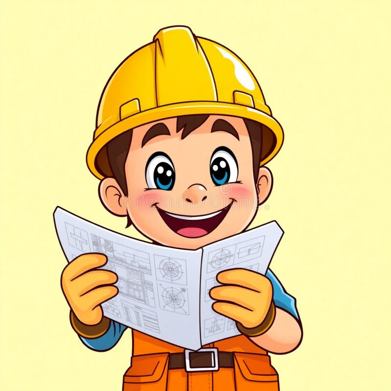 Cartoon Engineer Character Illustration with Smile and Technical Drawing for Engineering ...