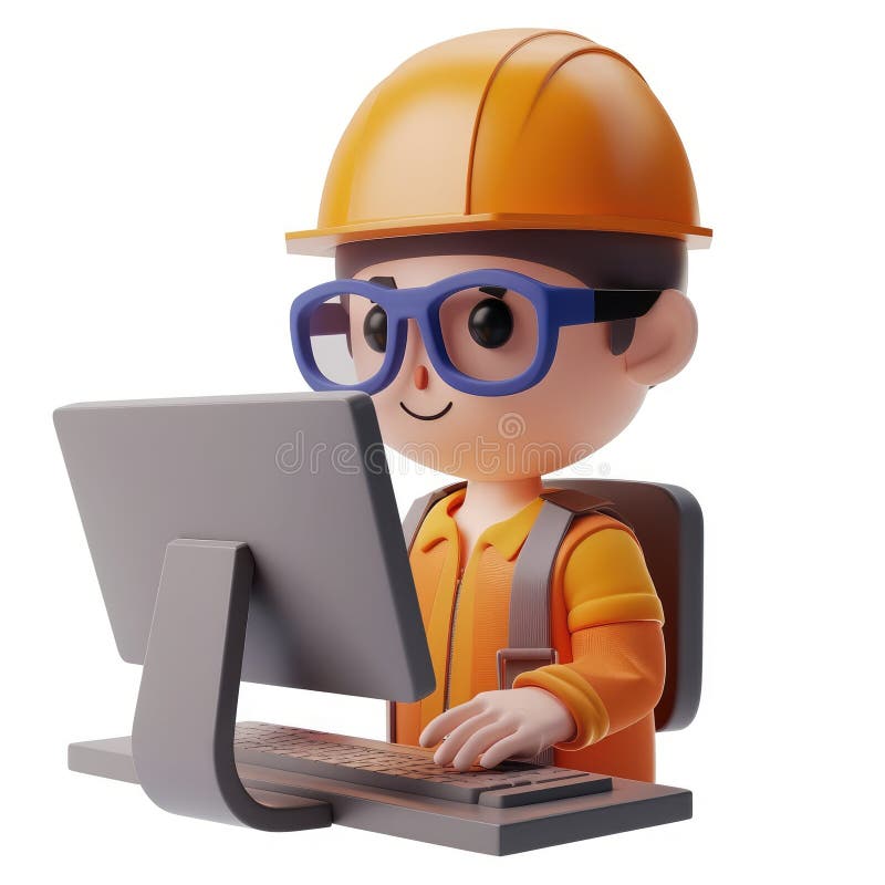 Cute 3D Cartoon Engineer Working on Computer Stock Illustration ...