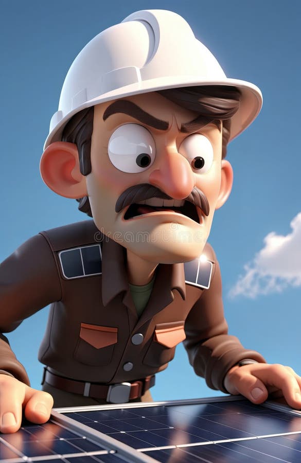 Cartoon Engineer Inspecting Solar Panels Under Clear Sky Stock Photo ...