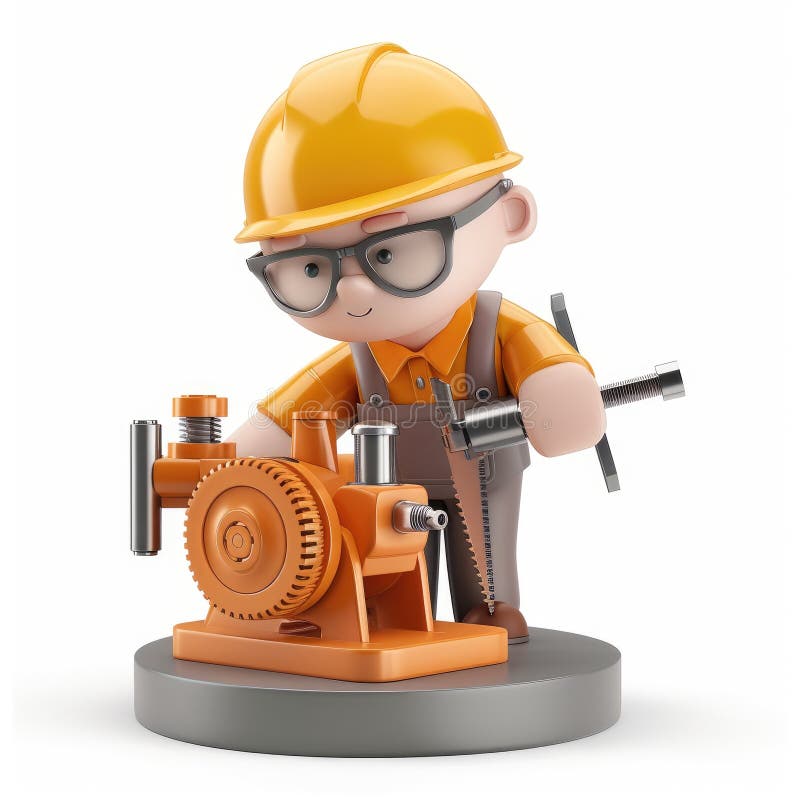 Cute Cartoon Engineer Repairing an Orange Machine Stock Illustration ...