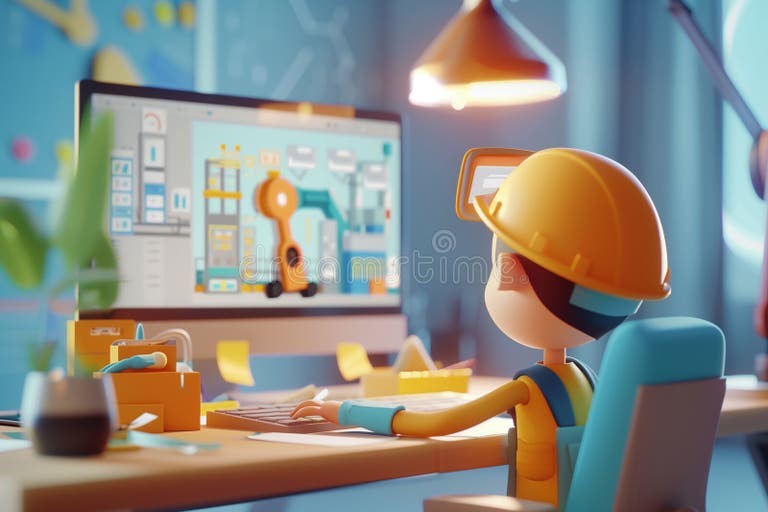 Cartoon Engineer with Safety Helmet Working on Computer Control Process ...