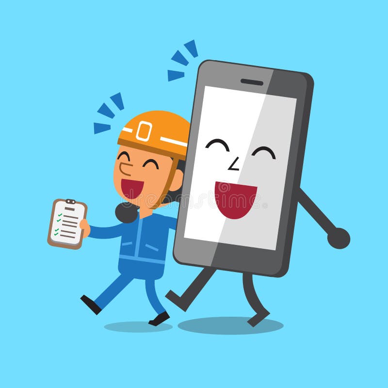 Cartoon Engineer and Smartphone Walking Together Stock Vector ...