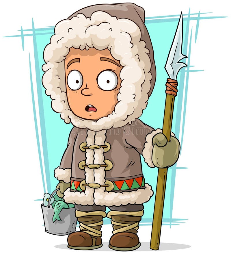 Cartoon Eskimo Boy with Spear and Fish Stock Vector - Illustration of ...