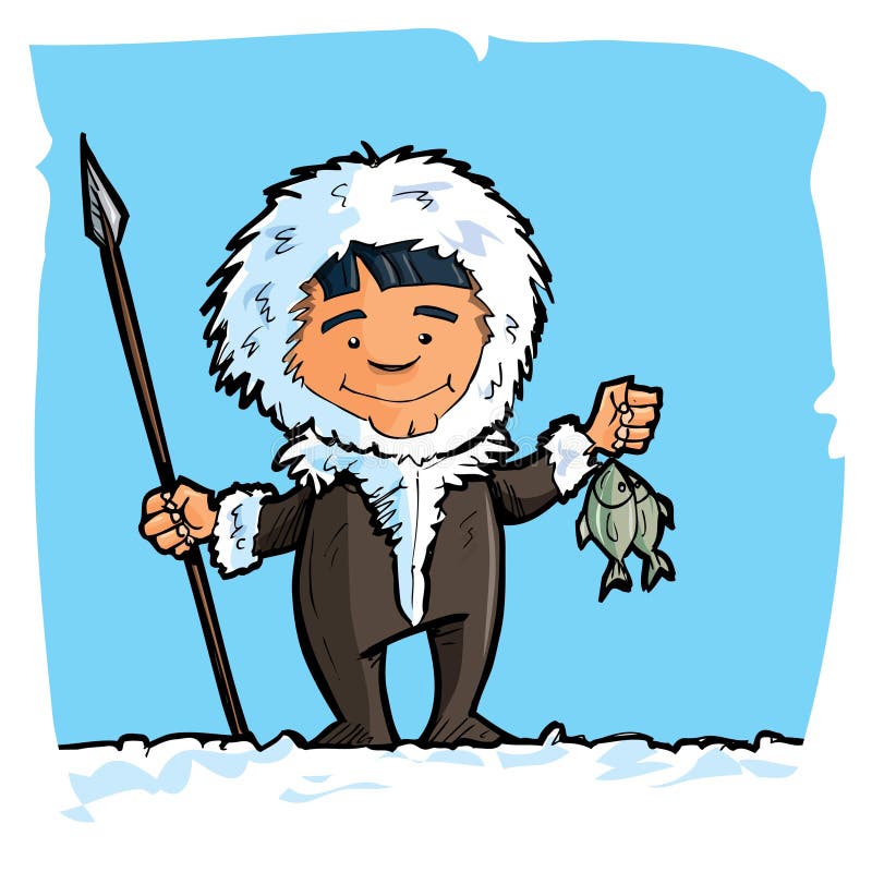 Cartoon Eskimo with a Spear and a Fish Stock Vector - Illustration of ...
