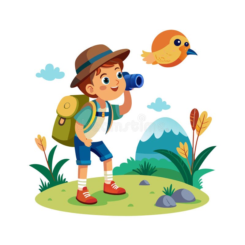 Cartoon Explorer Boy Birdwatching with Binoculars in Nature Landscape ...