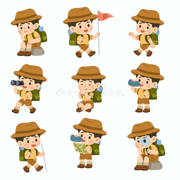 Cartoon Explorer Boy Explorer Boy Set Stock Vector - Illustration of ...