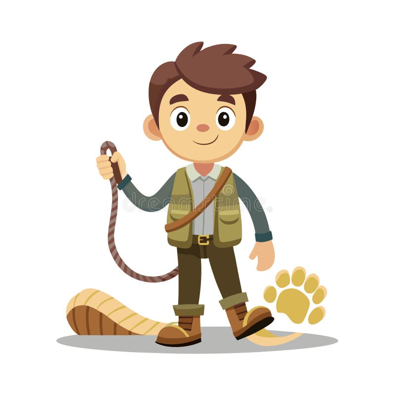 Cartoon Explorer Boy Tracking Animal Footprints with Lasso Adventure ...