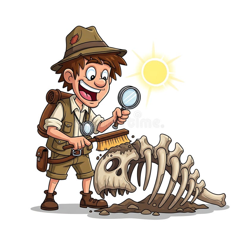 Cartoon Explorer Brushing Dinosaur Bones with Magnifier Under Sun ...
