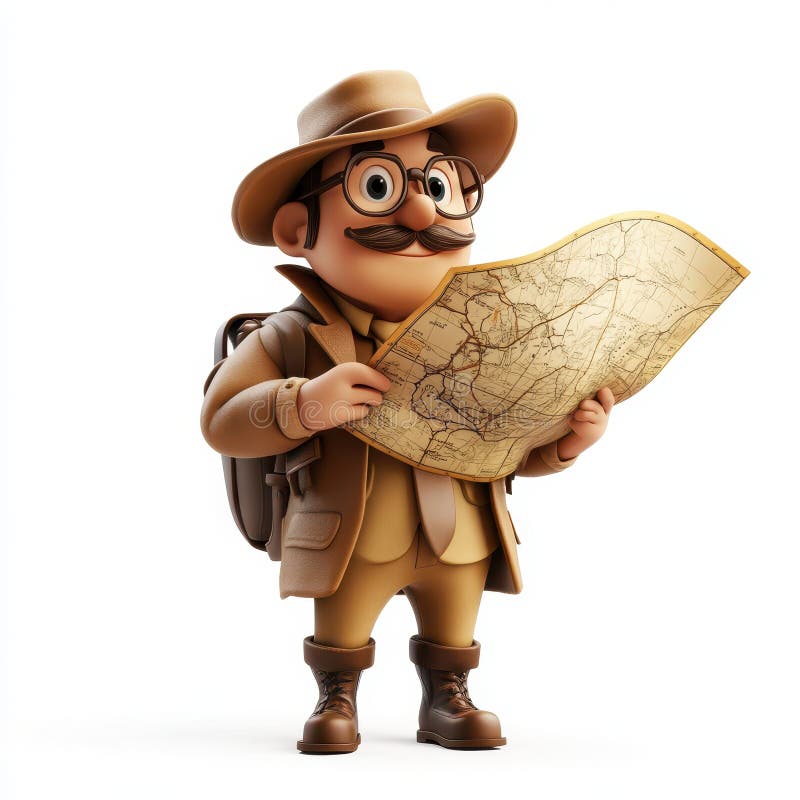 Cartoon Explorer Character Holding a Map in a Bright, Adventurous ...