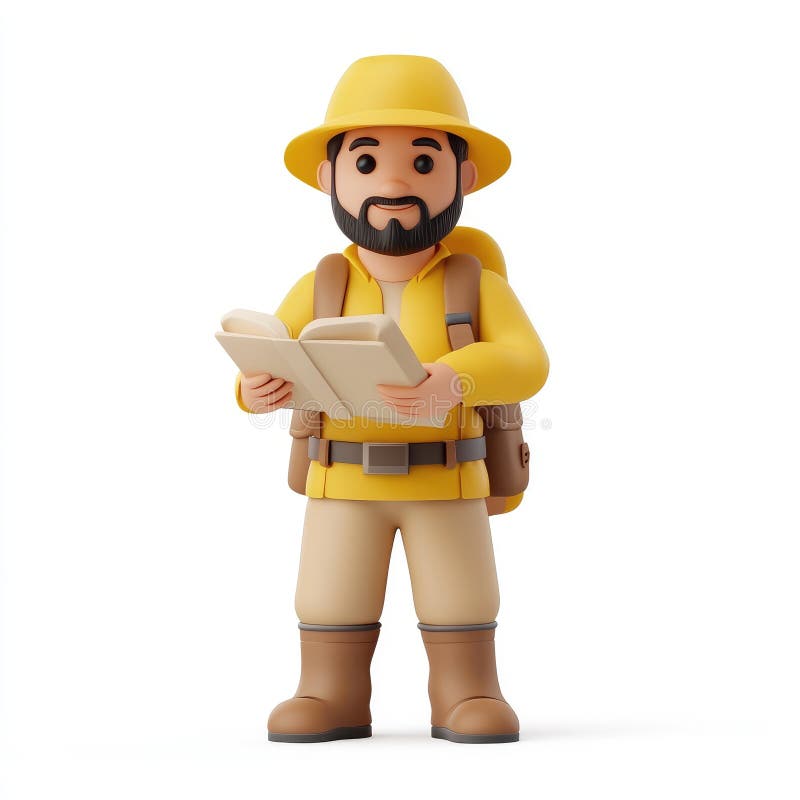 Adventurous Bearded Man Reading a Map, 3D Render Stock Illustration ...