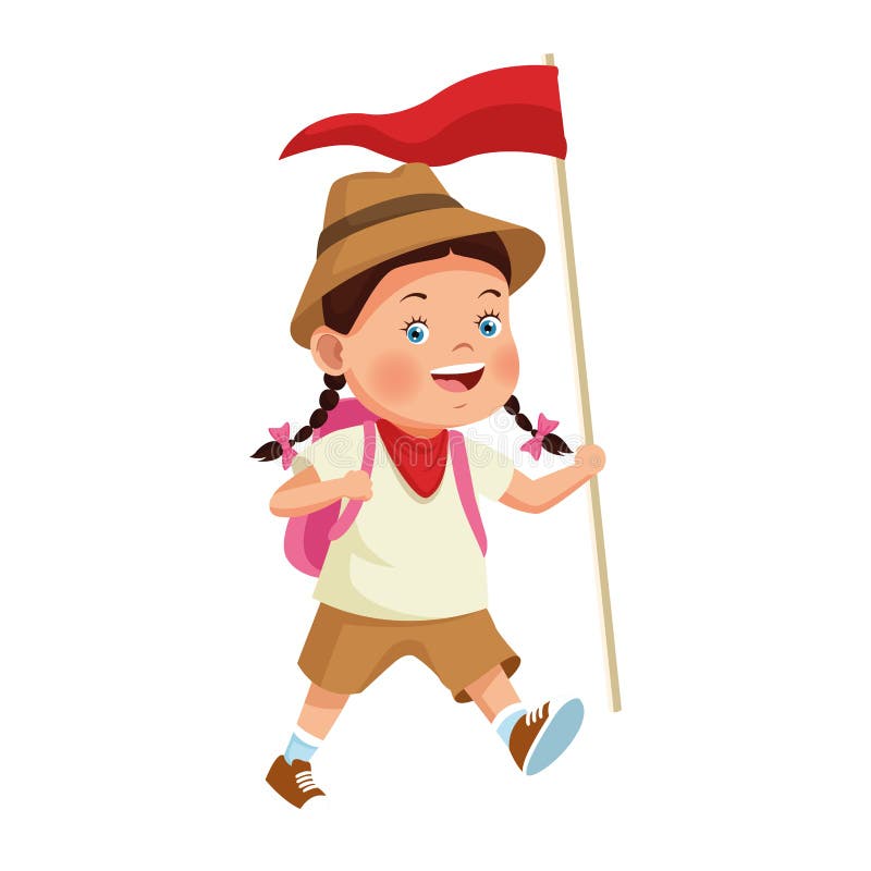 Cartoon Explorer Girl with a Flag Stock Vector - Illustration of grass ...