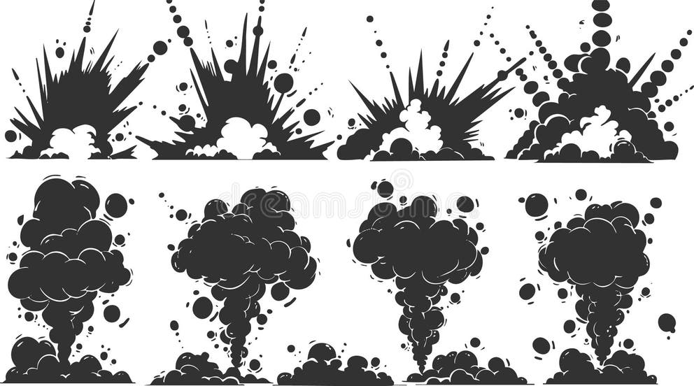 Cartoon Explosion and Smoke Illustrations in Black and White Design ...