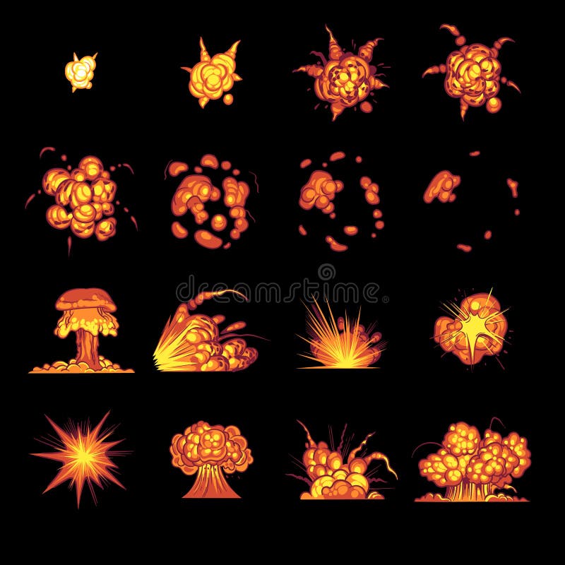 Cartoon Explosions. Fire Bang Effect with Smoke, Flame and Particles ...