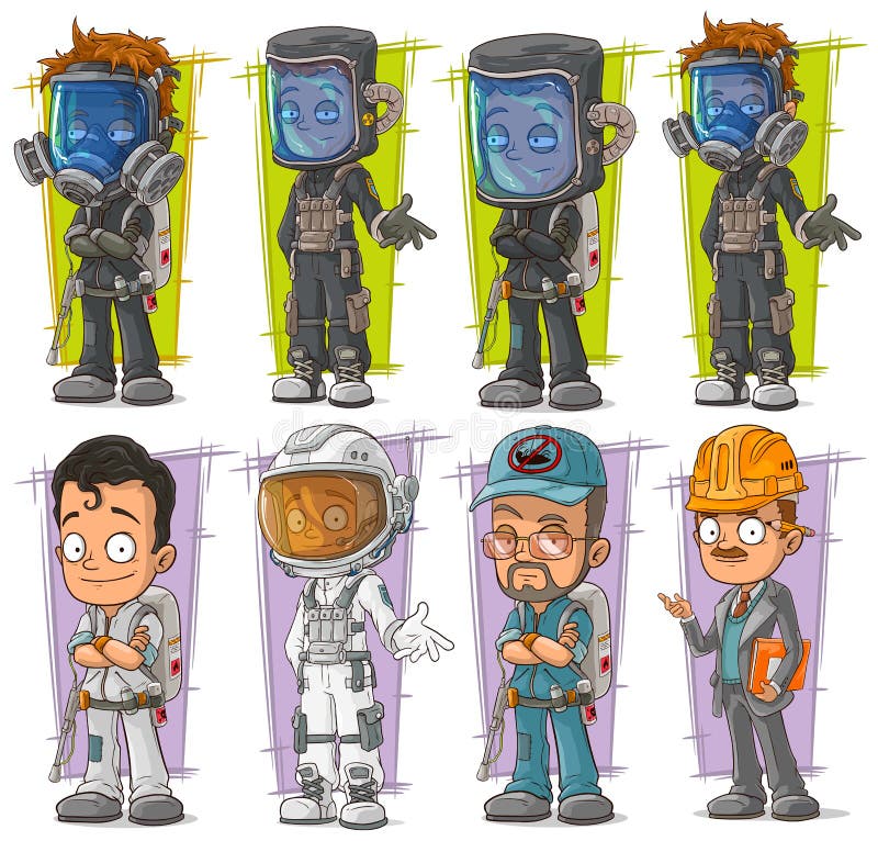 Cartoon Exterminator with Gas Mask and Scientist Character Vector Set ...