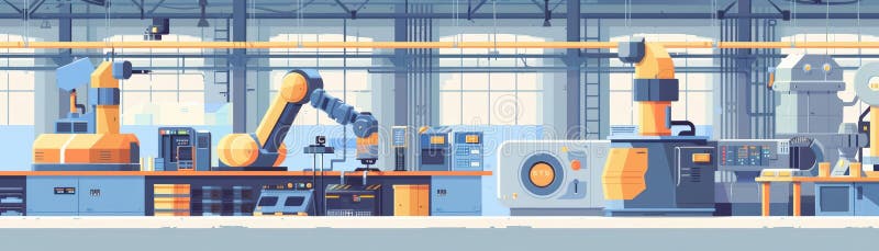 A Cartoon of a Factory with Advanced Robotics and Automation Stock ...