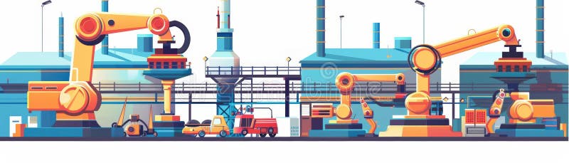 A Cartoon of a Factory with Advanced Robotics and Automation Stock ...