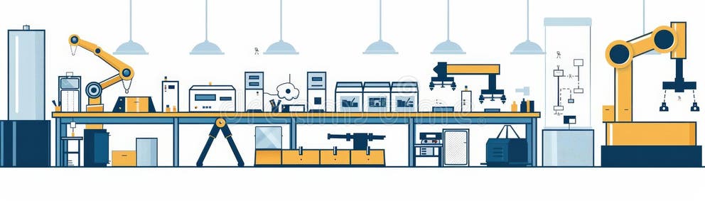 Cartoon of a Factory with Automated Quality Control Systems Stock ...