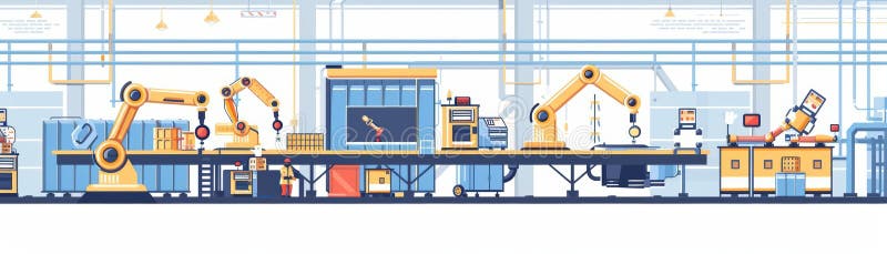 A Cartoon of a Factory with Robots Ensuring Safety and Efficiency Stock ...