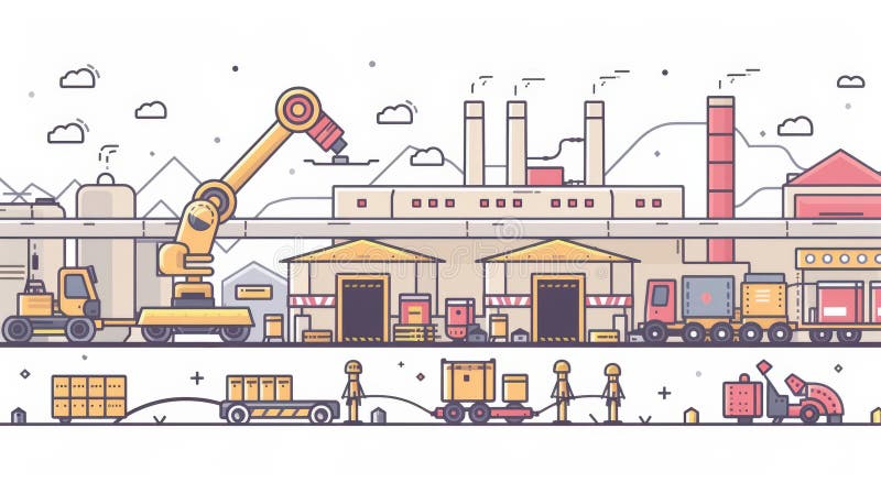 A Cartoon of a Factory with Robots Handling Logistics and ...