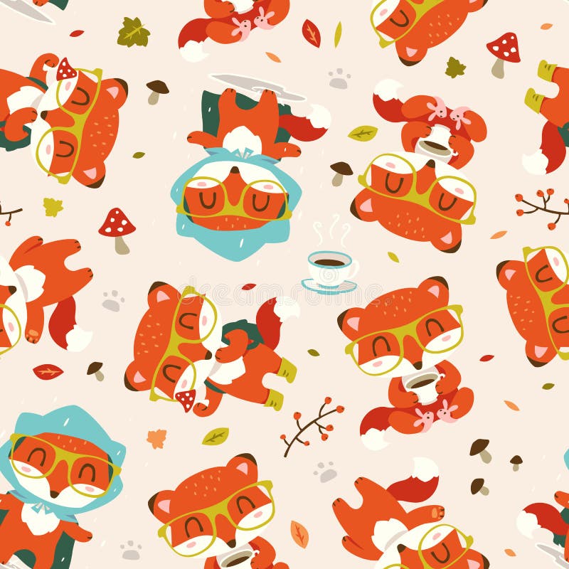 Cartoon Fall Fox Seamless Pattern Stock Vector - Illustration of ...