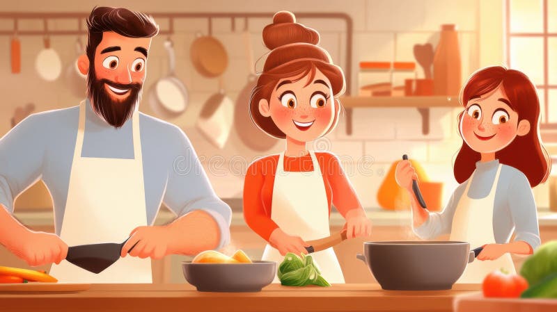 A Cartoon Family Cooking Together in the Kitchen with a Chef, AI Stock ... A Cartoon Family Cooking Together in the Kitchen with a Chef, AI Stock ...