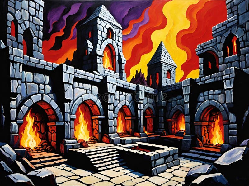 Cartoon Fantasy Castle with Fire and Stones Stock Illustration ...
