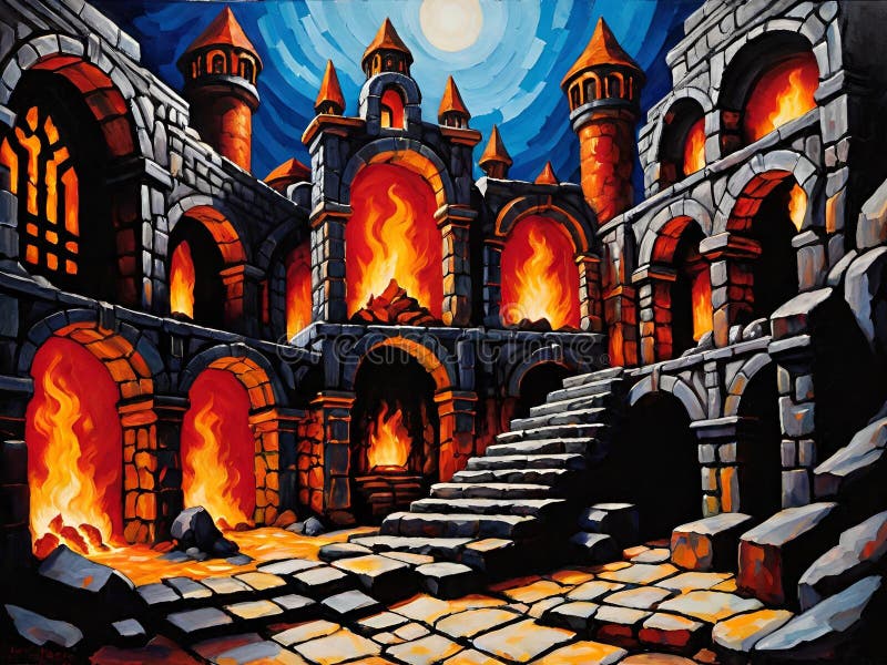 Cartoon Fantasy Castle with Fire and Stones Stock Illustration ...