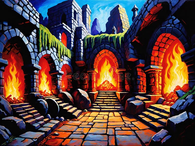 Cartoon Fantasy Castle with Fire and Stones Stock Illustration ...