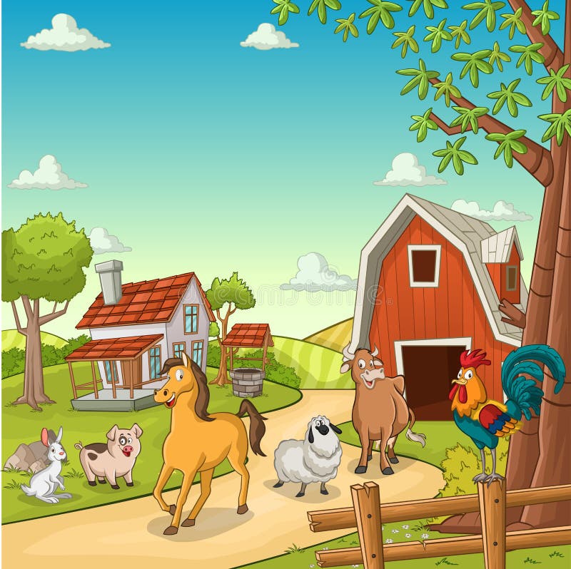Cartoon Farm with Animals and Farmer on Tractor. Stock Vector ...