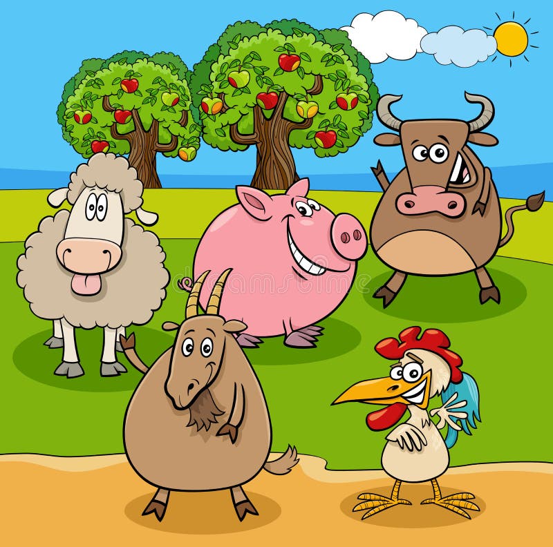 Cartoon Farm Animals Group in the Meadow Stock Vector - Illustration of ...