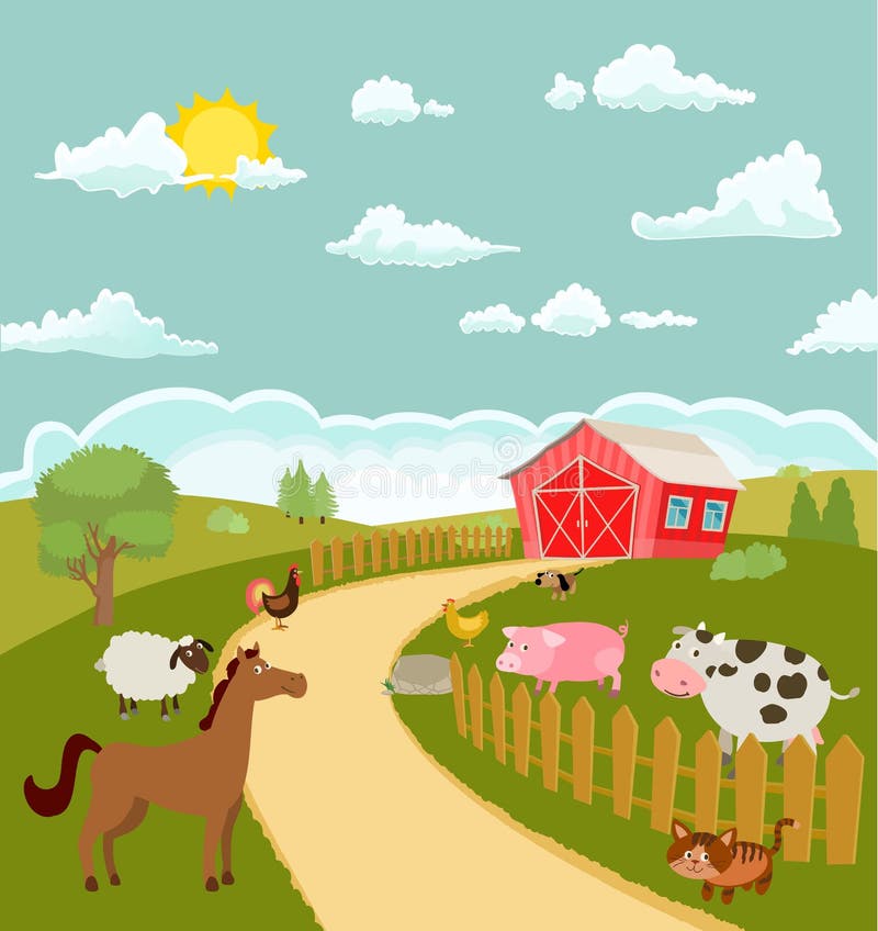 Cartoon Farm with Cute Animals. Vector Stock Vector - Illustration of ...