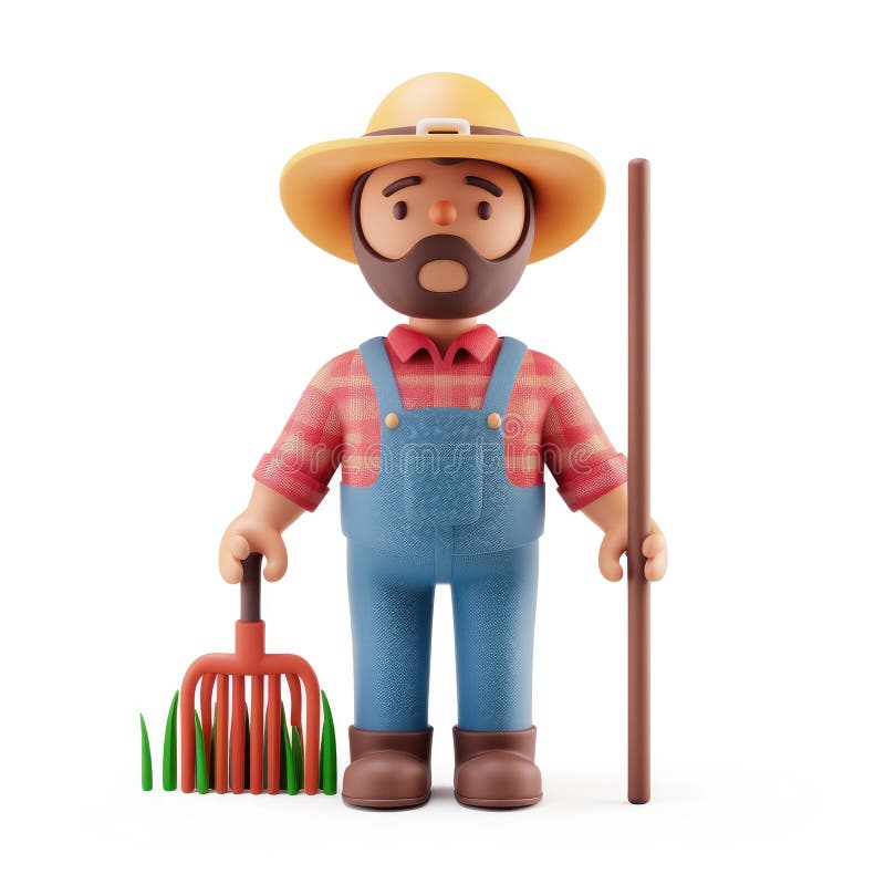 Friendly Cartoon Farmer with Rake and Staff, Ready for Work Stock ...