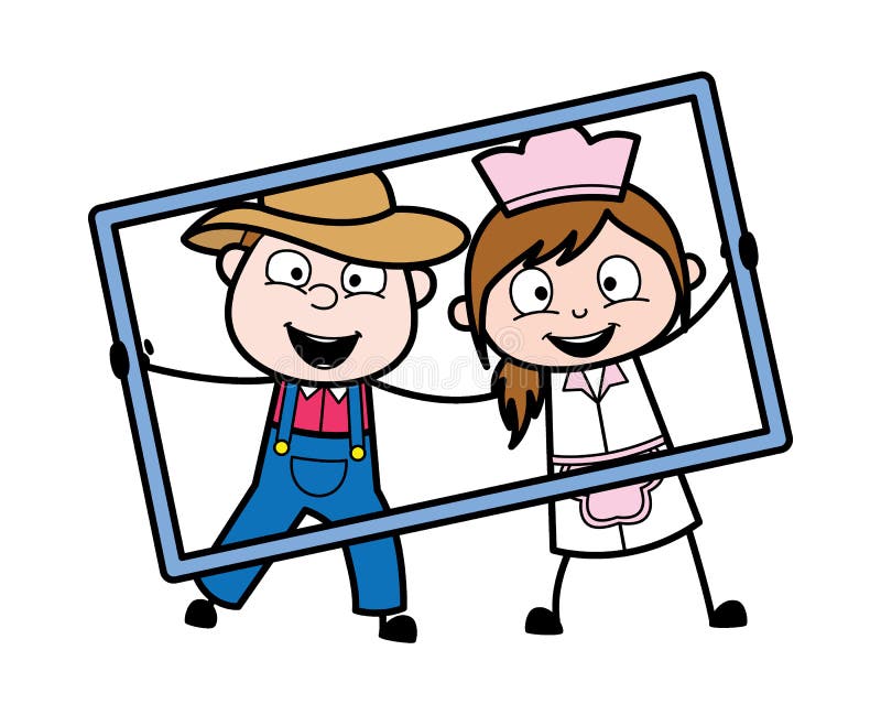 Cartoon Farmer in Frame with Waitress Stock Illustration - Illustration ...