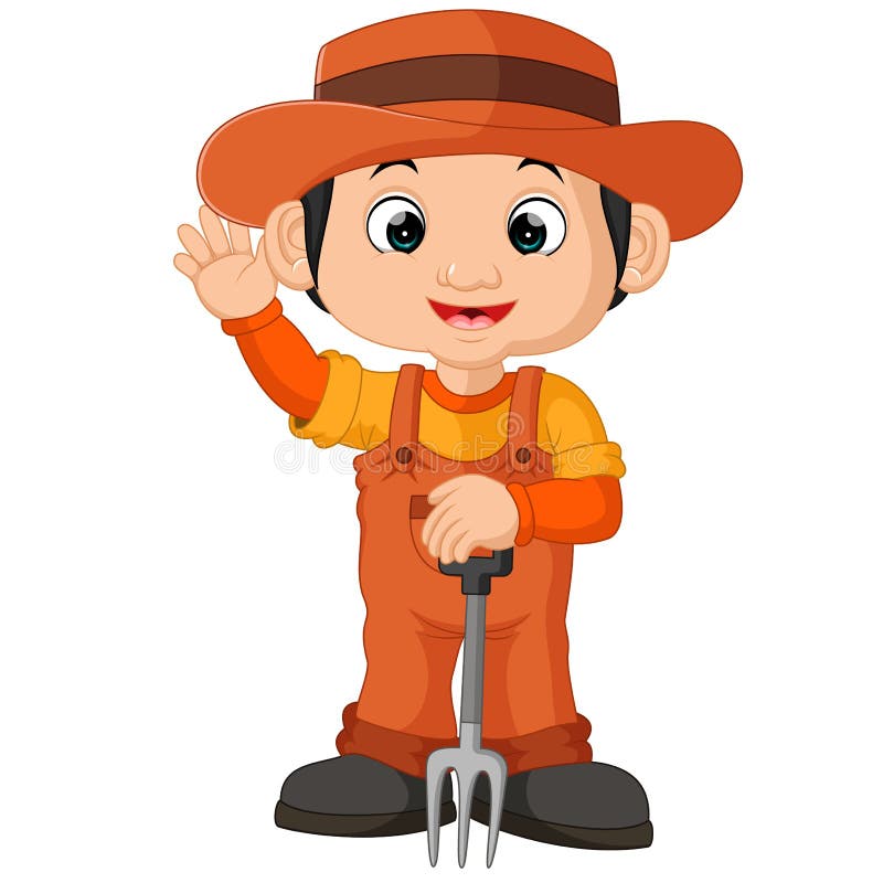 Cartoon Young Farmer Holding Rake Stock Vector - Illustration of ...