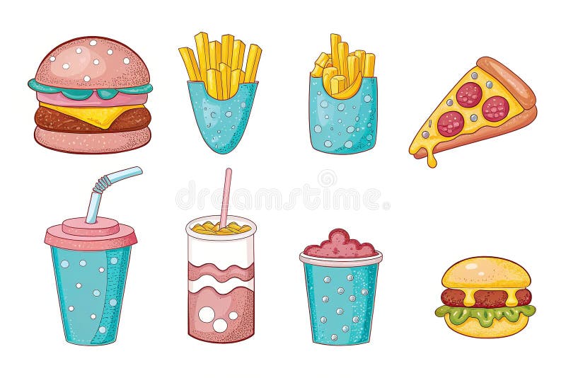 Cartoon Fast Food Icons on White Background Stock Illustration ...