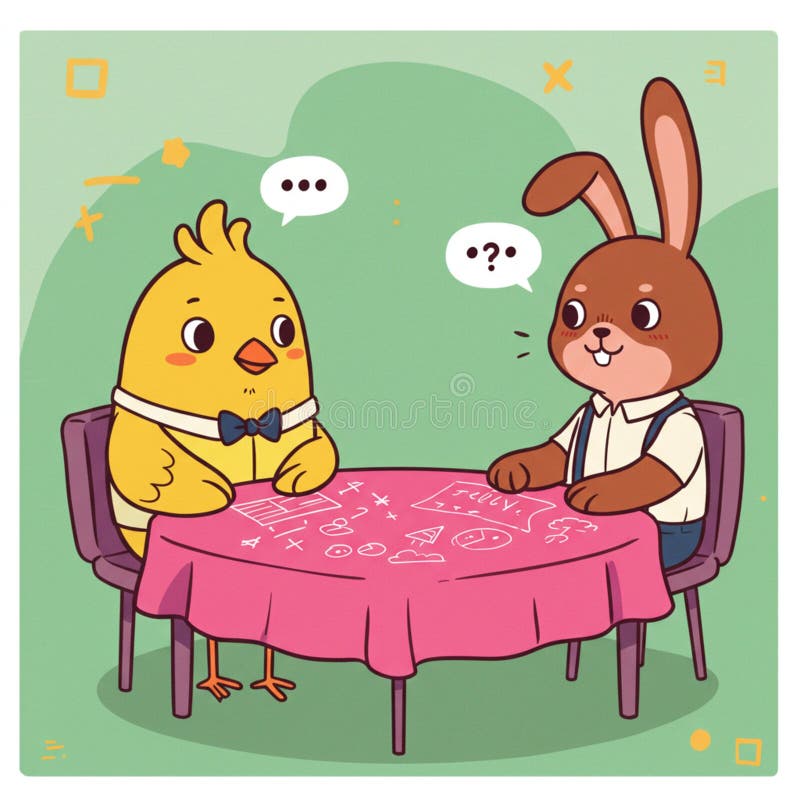 A Cartoon Features an Anthropomorphic Chick and Rabbit Seated at a ...