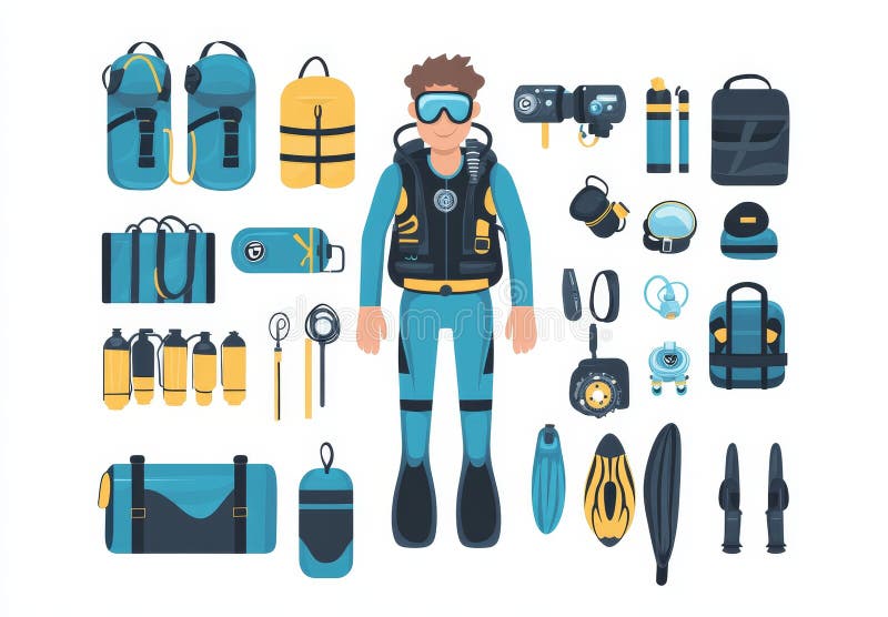 Cute Kids Cartoon Scuba Diving Equipment Collection Stock Photos - Free ...
