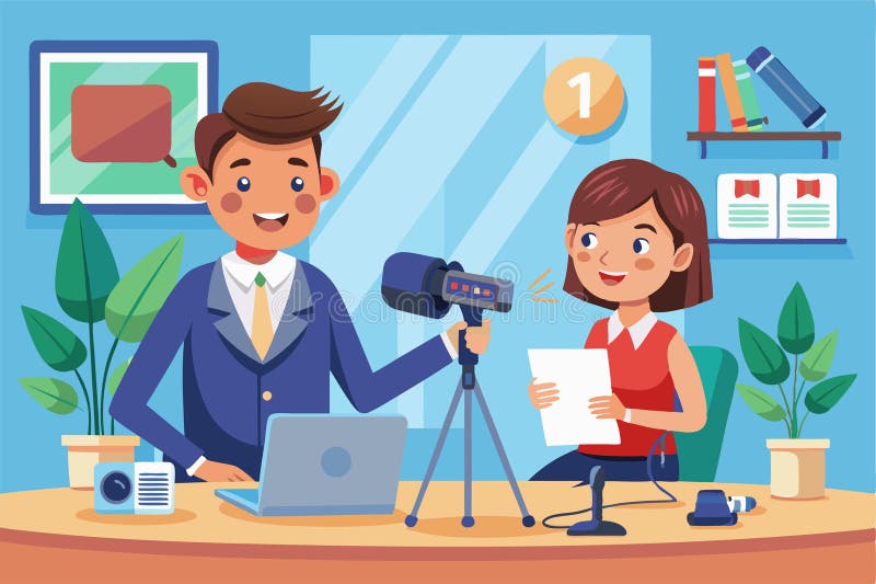 A Cartoon Features Two Presenters Preparing for an Interview at a Press ...