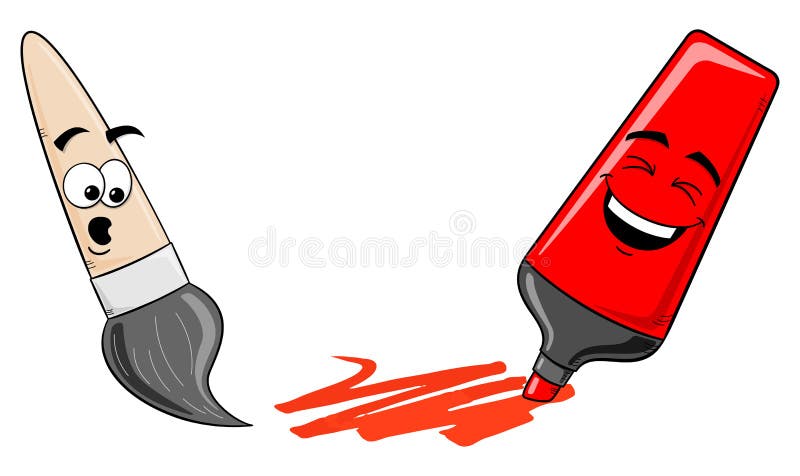 Cartoon Felt Tip Pen and Paintbrush on White Stock Vector ...