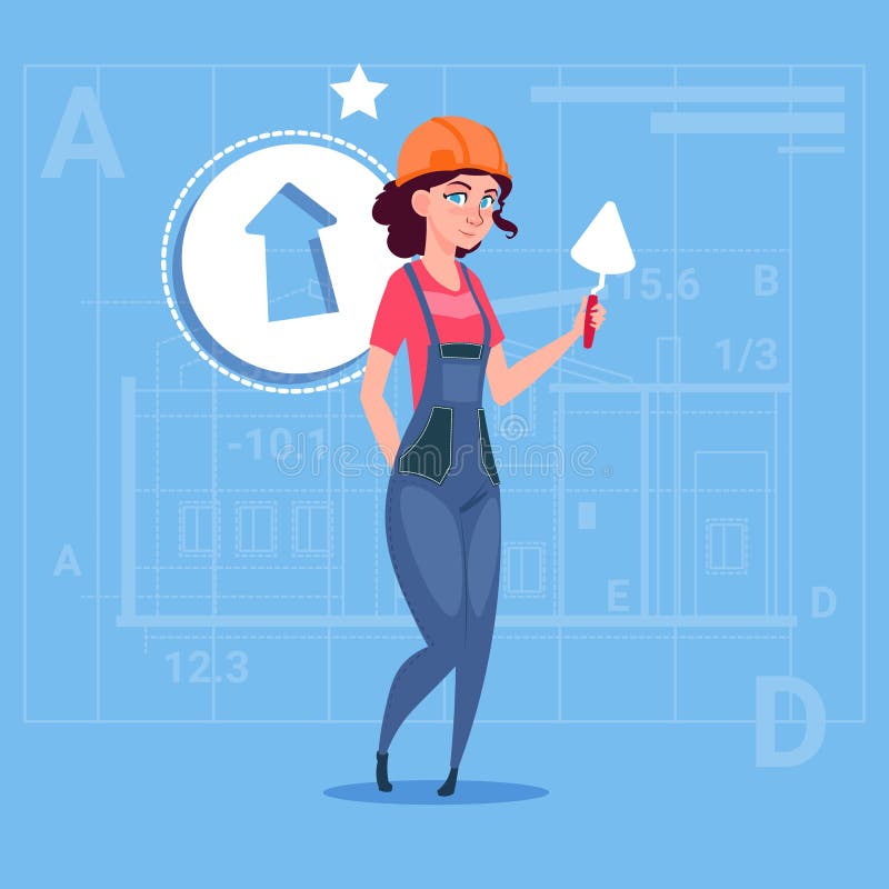 Cartoon Female Builder Wearing Uniform and Helmet Construction Hold ...
