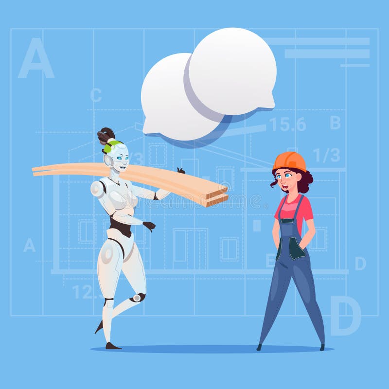 Robotic Architect Drawing Blueprint Building Plan Robot Engineer at ...