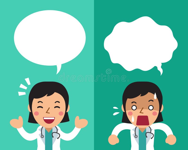 Cartoon Female Doctor Expressing Different Emotions with Speech Bubbles ...