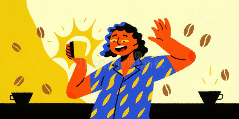 Cartoon Female Enjoying Coffee in Vibrant Setting with Coffee Beans ...