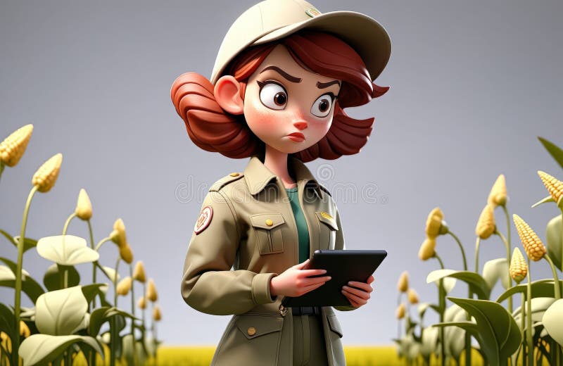Cartoon Female Farmer Using Tablet in Cornfield with Animated ...